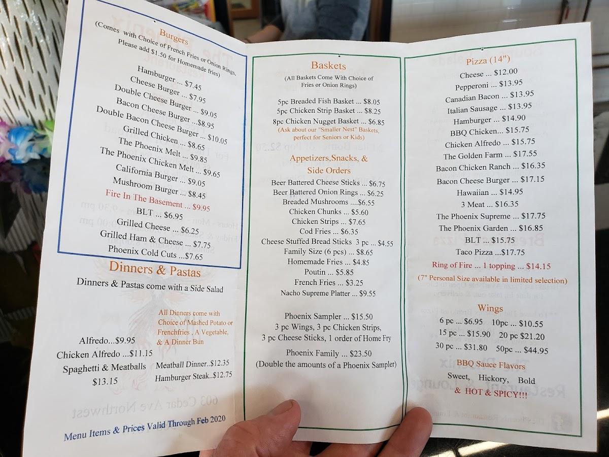 Menu at The Phoenix restaurant, Warroad