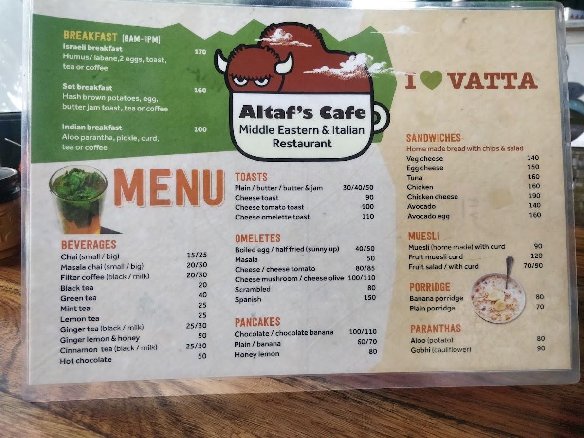 Menu at Altaf's Cafe, Kodaikanal