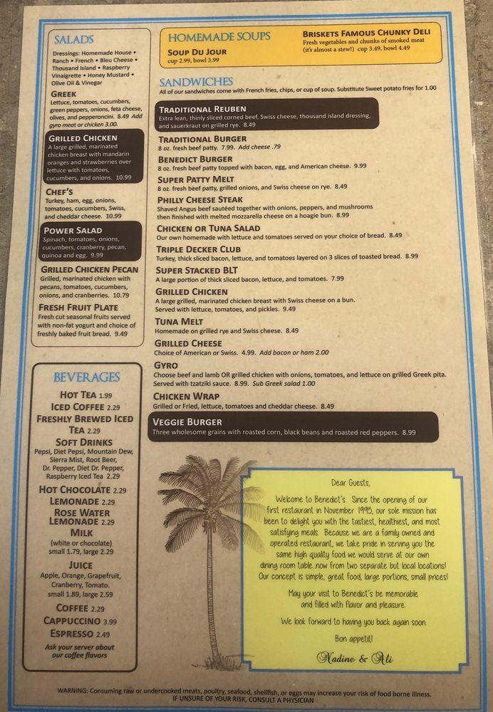 Menu at Benedict's restaurant, Pinellas Park