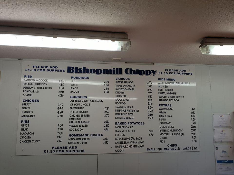 Menu at Bishopmil Chippy restaurant, Elgin