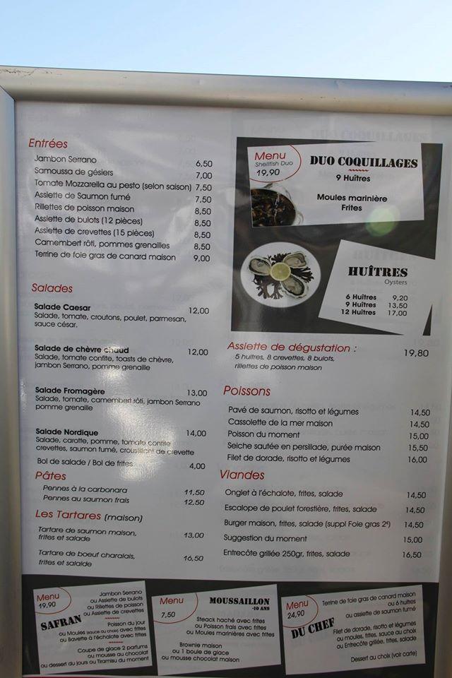Menu at Brasserie Safran restaurant, La Rochelle