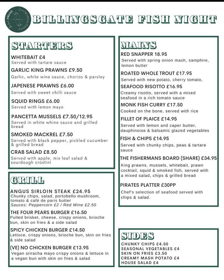Menu at Four Pears Pub & Restaurant, Northampton