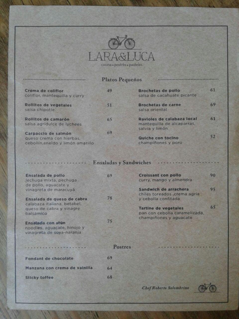 Menu at Lara&Luca Playa del Carmen restaurant, Playa del Carmen