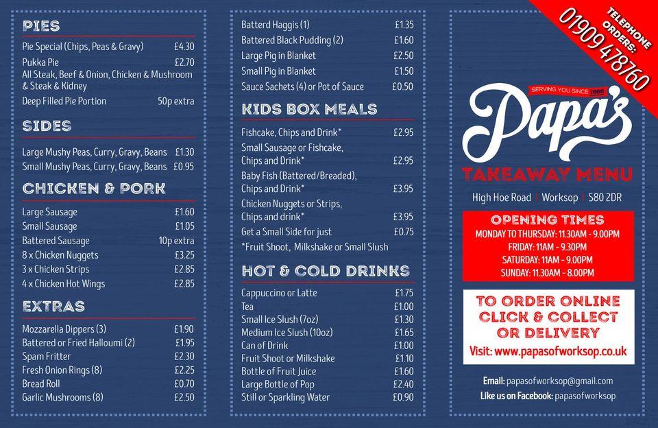 Menu at Papa's fast food, Worksop