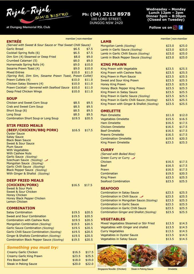 Menu at Rojak-Rojak Sim's Bistro at Dungog RSL restaurant, Dungog