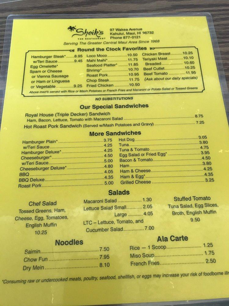 Menu at Sheik's Restaurant, Kahului
