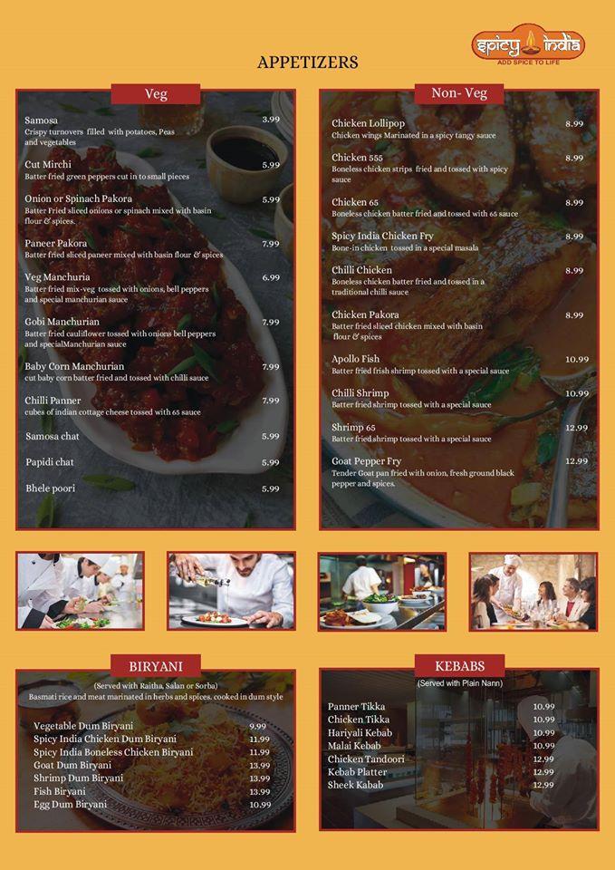 Menu at Spicy India restaurant, Abilene, 505 Pine St