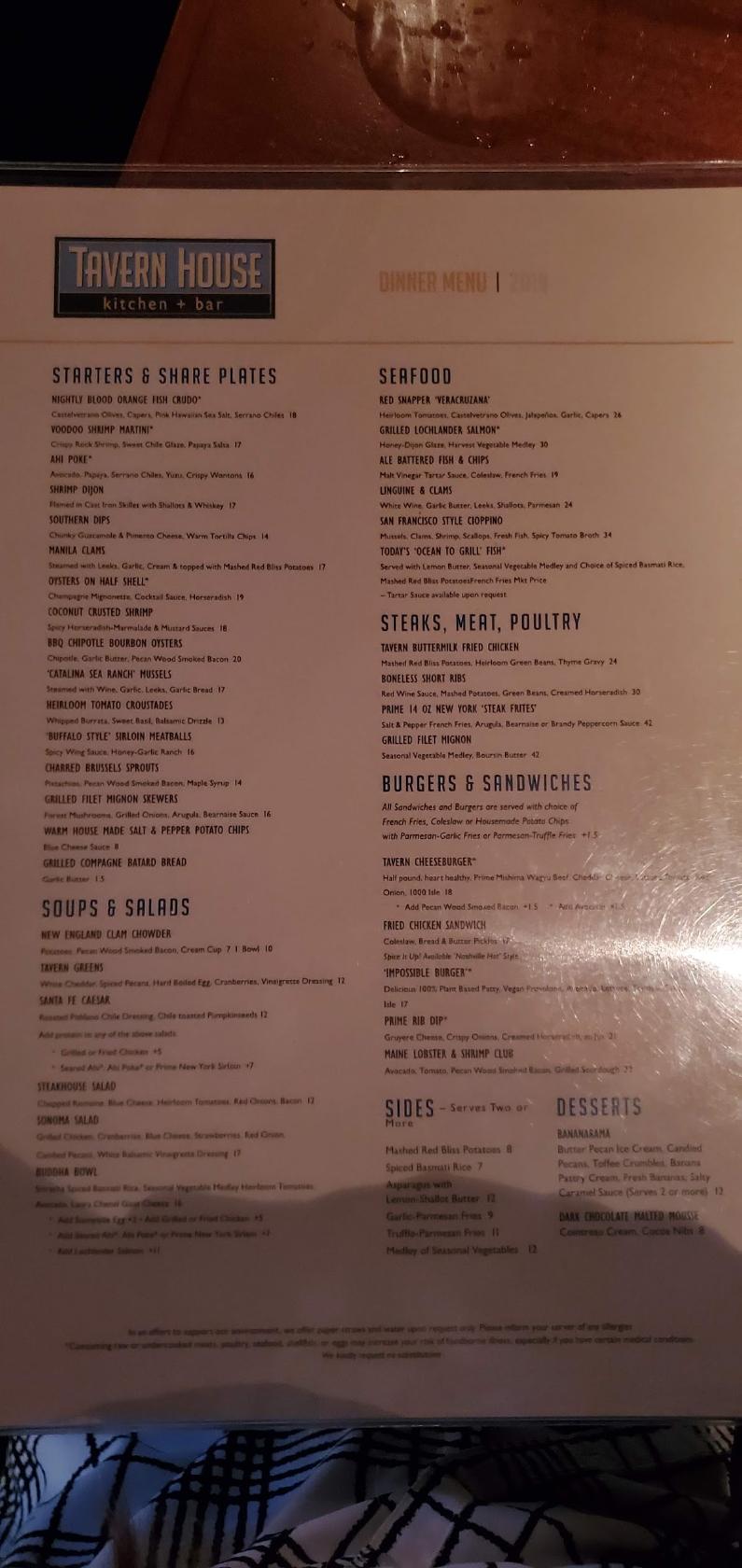 Menu at Tavern House Kitchen + Bar, Newport Beach