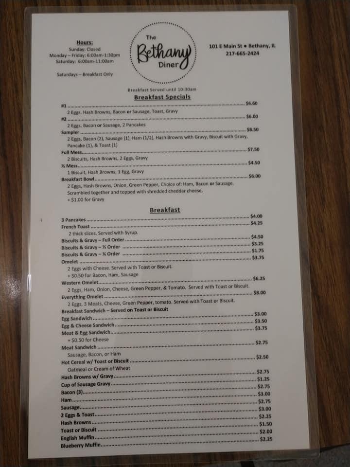 Menu at The Bethany Diner restaurant, Bethany