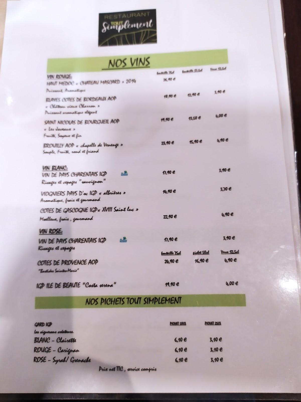 Menu au Restaurant Tout Simplement Saintes, Saintes