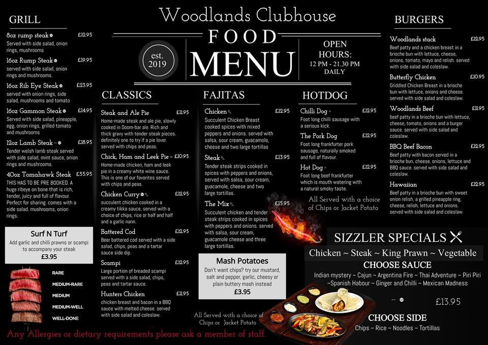 Menu at Woodlands Clubhouse, New Quay