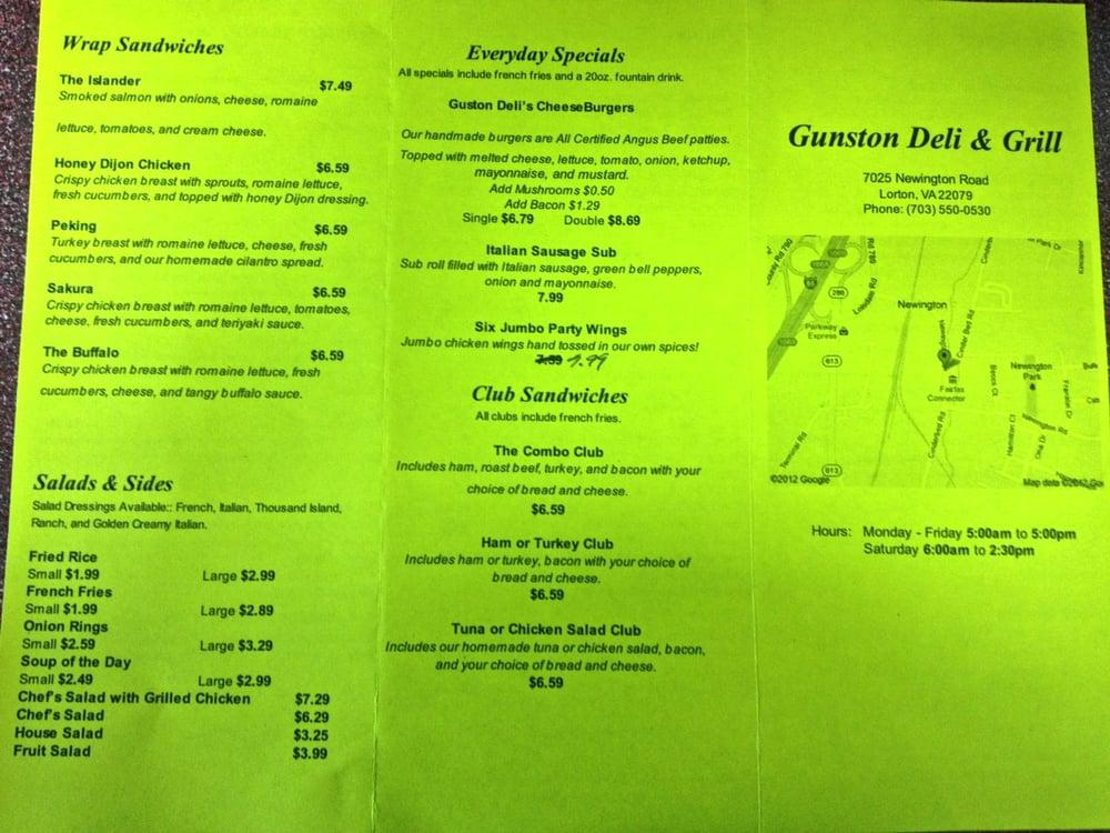 Menu at Gunston Deli, Grill, & Store restaurant, Lorton