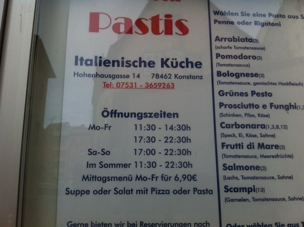 Menu at Pastis restaurant, Konstanz