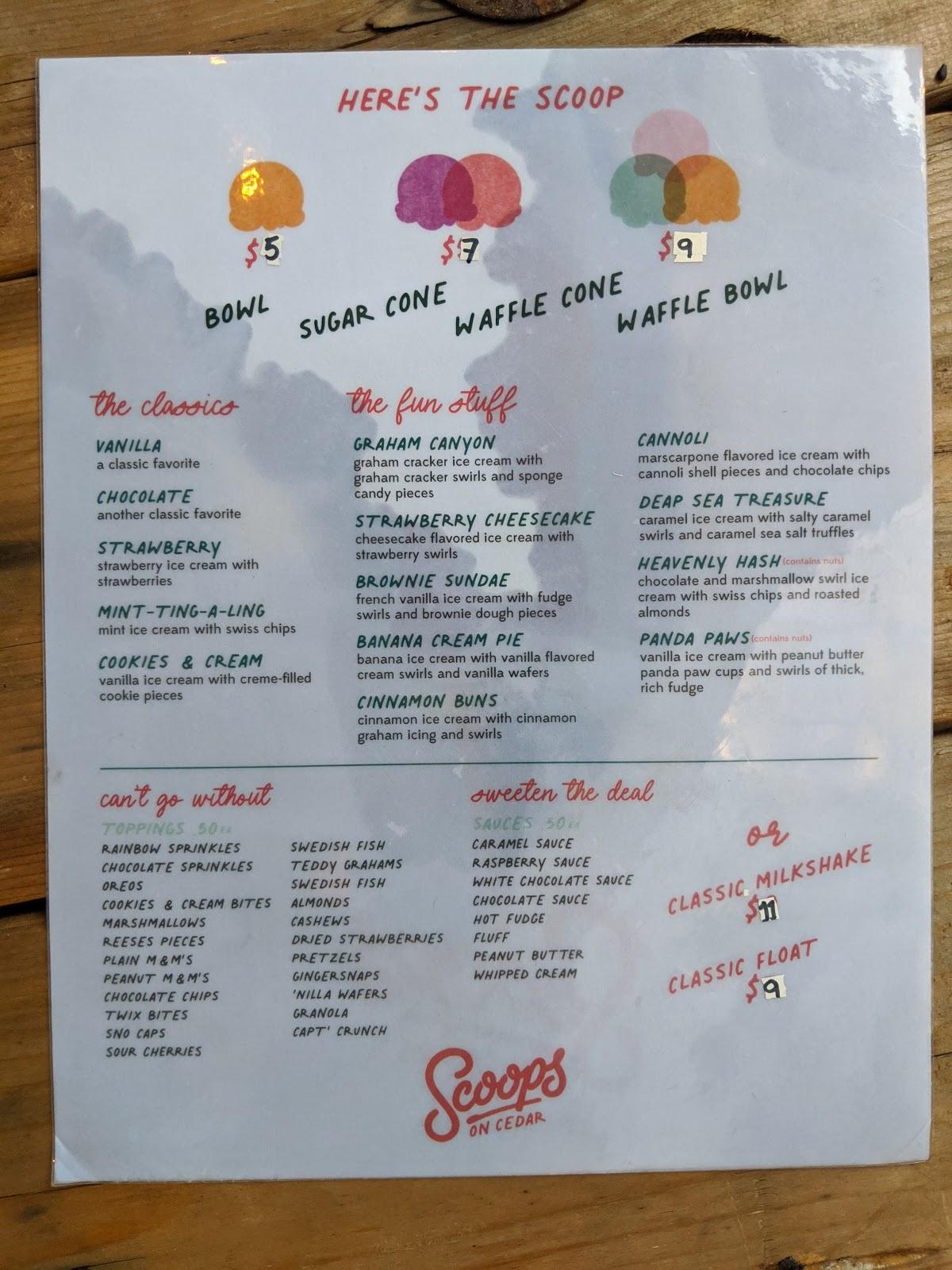 Menu at Scoops and Snacks desserts, New York City