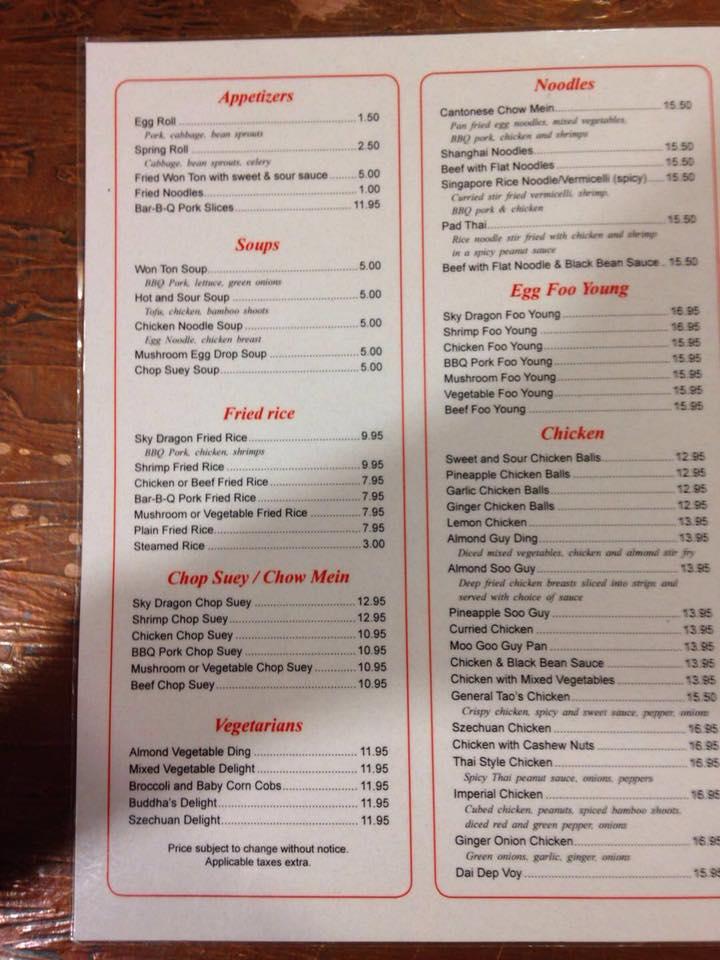 Menu at Skye Dragon restaurant, Perth