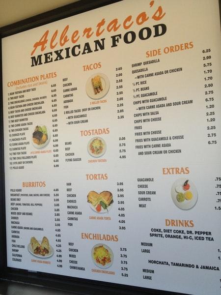 Carta del restaurante Albertaco's Mexican Food Inc, Orange