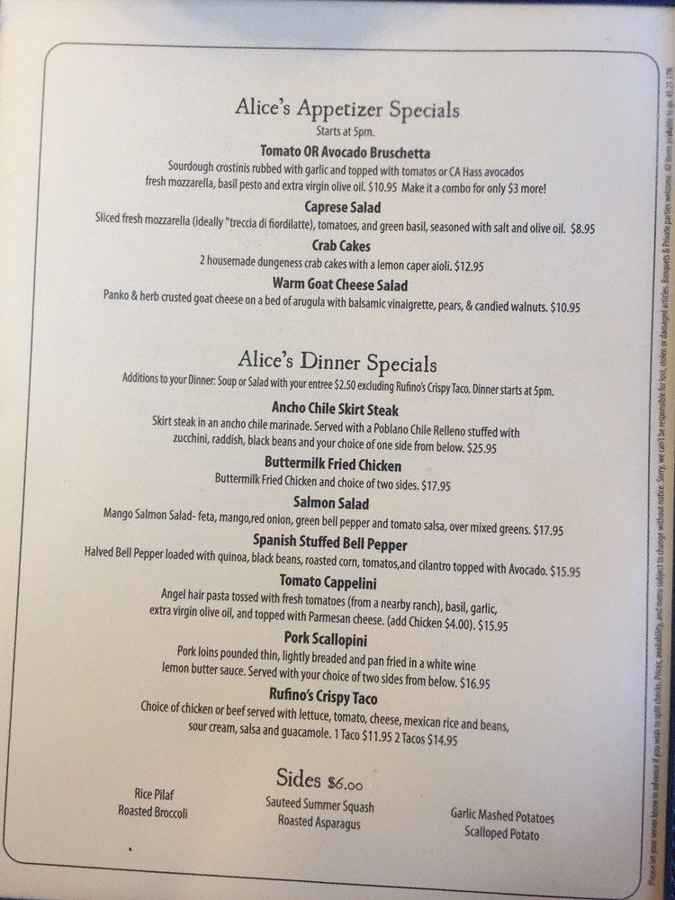Menu at Alice's Restaurant, Woodside, Skyline Blvd
