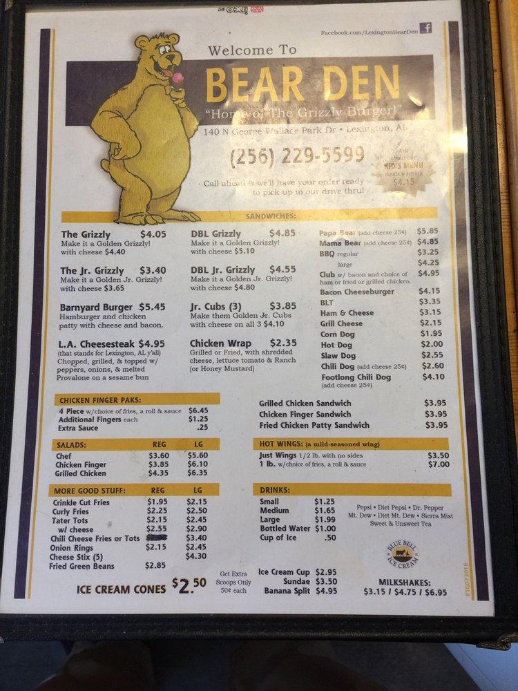 Menu at Bear Den fast food, Lexington