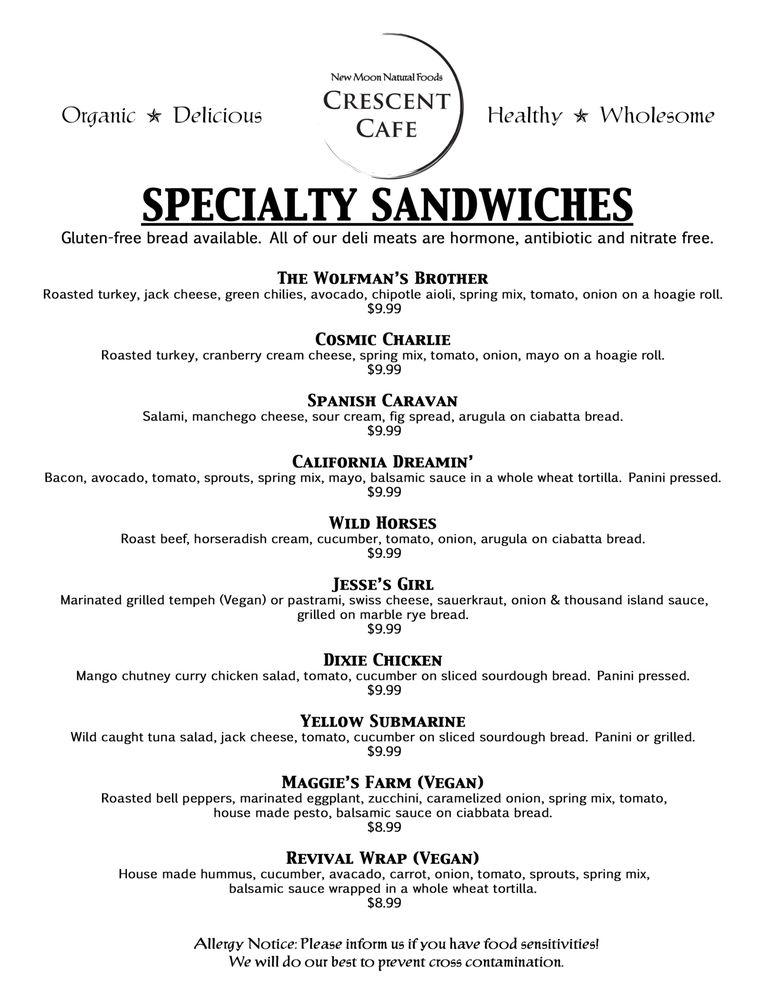 Menu at Crescent Cafe, Truckee