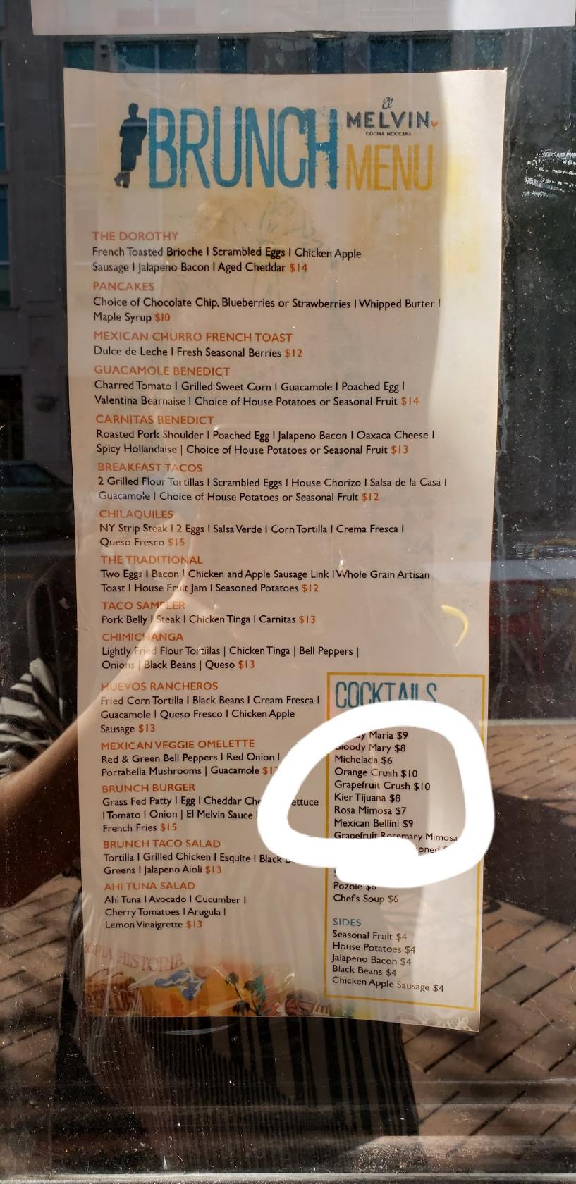 Menu at El Melvin Cocina Mexicana restaurant, Sarasota