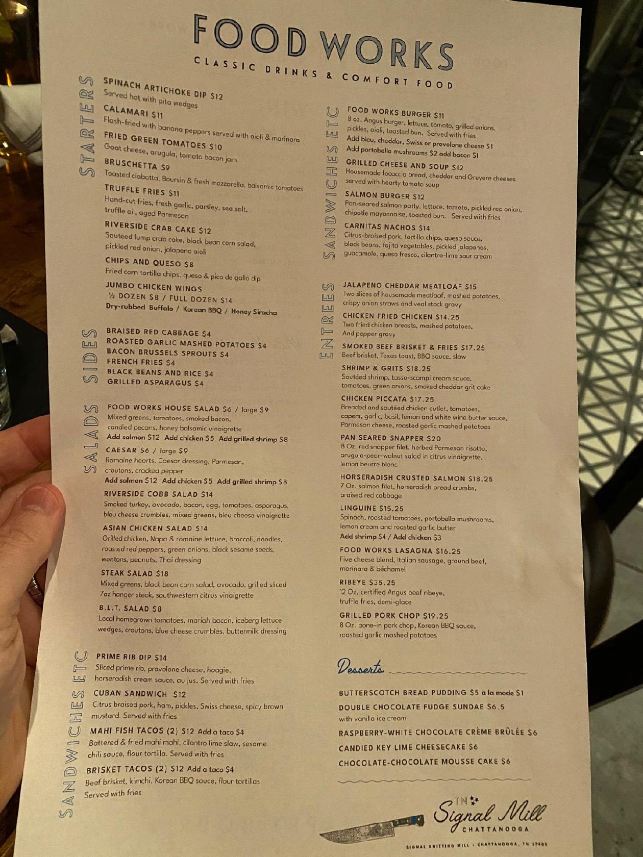 Menu at Food Works restaurant, Chattanooga
