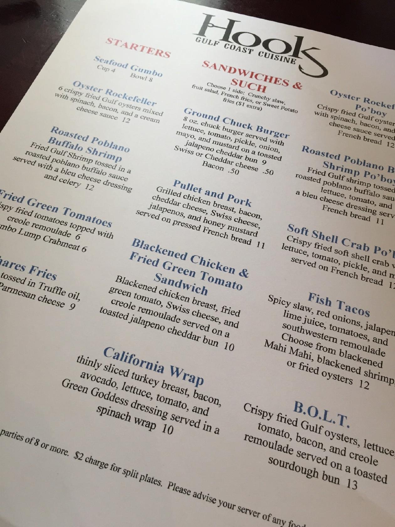 Menu at Hook Gulf Coast Cuisine restaurant, Pass Christian