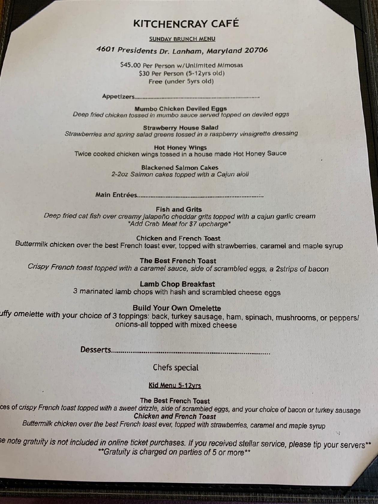 Menu at KitchenCray Cafe, Lanham
