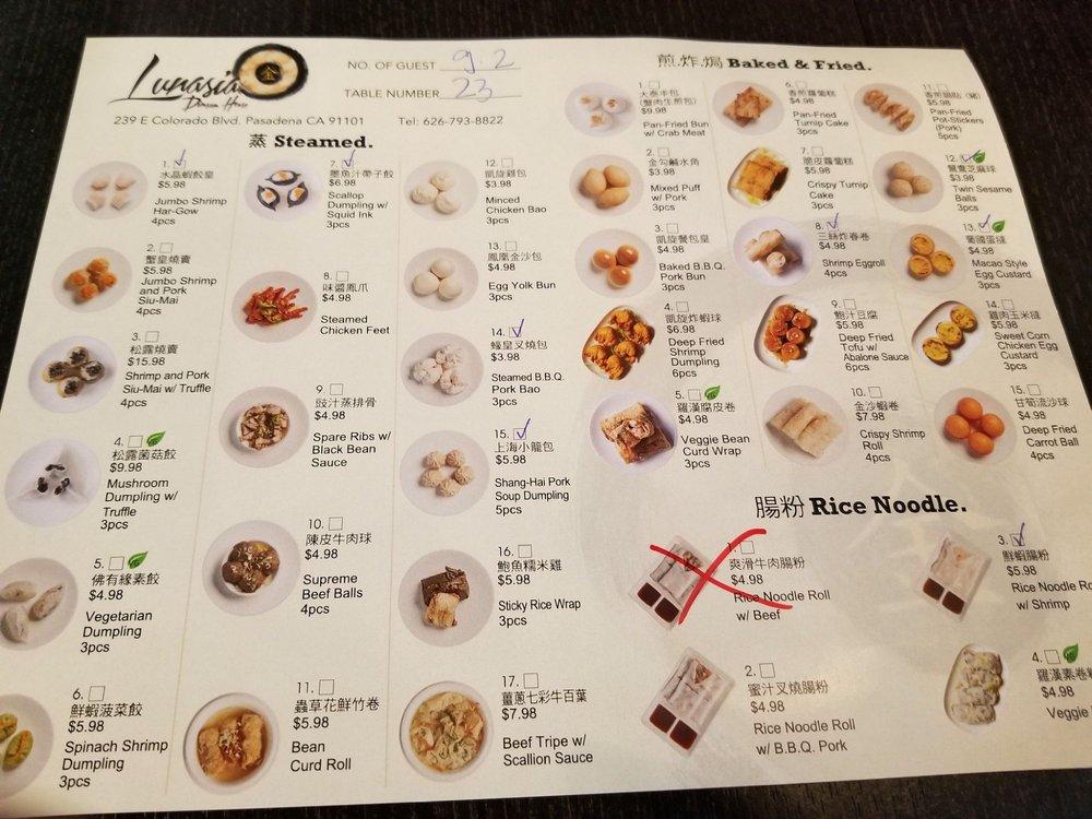 Menu at Lunasia Dim Sum House restaurant, Pasadena