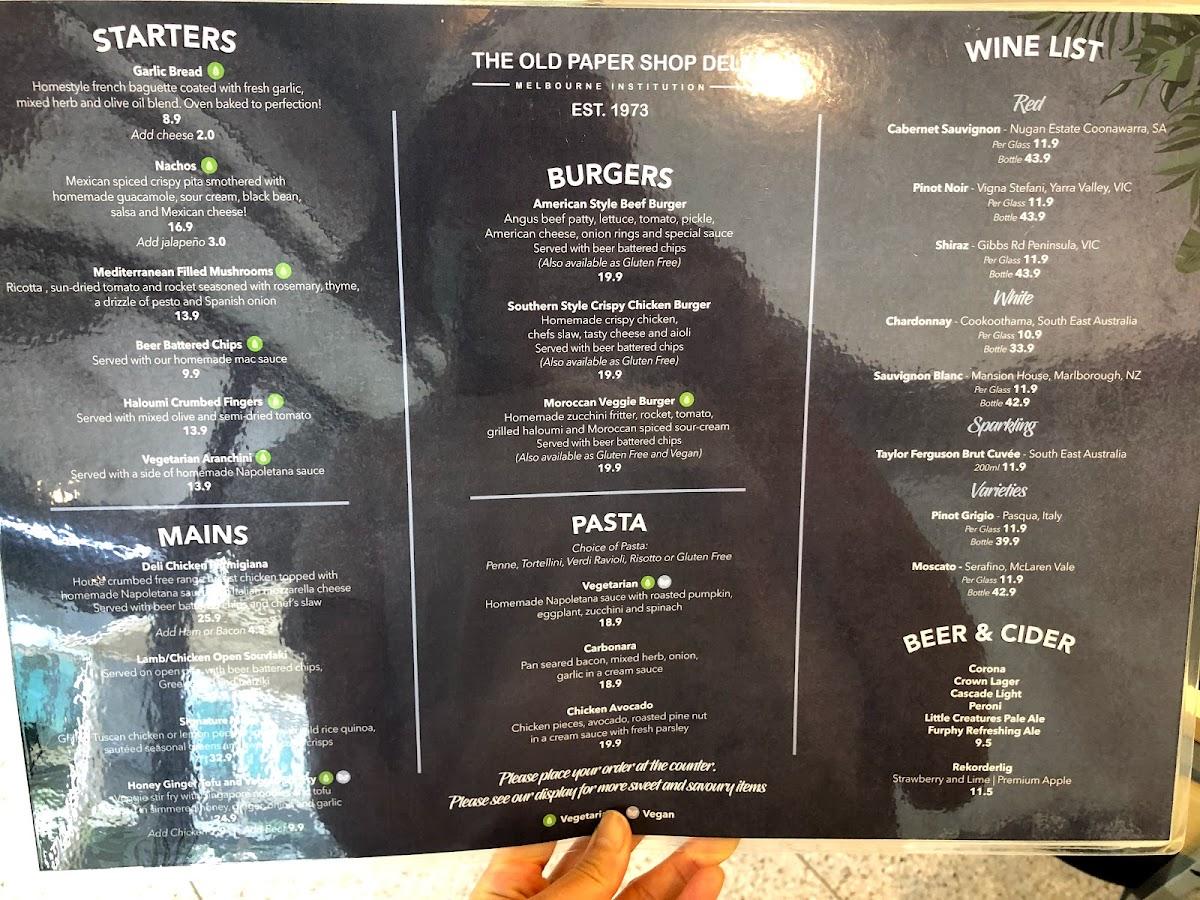 Menu at The Old Paper Shop Deli cafe, South Melbourne