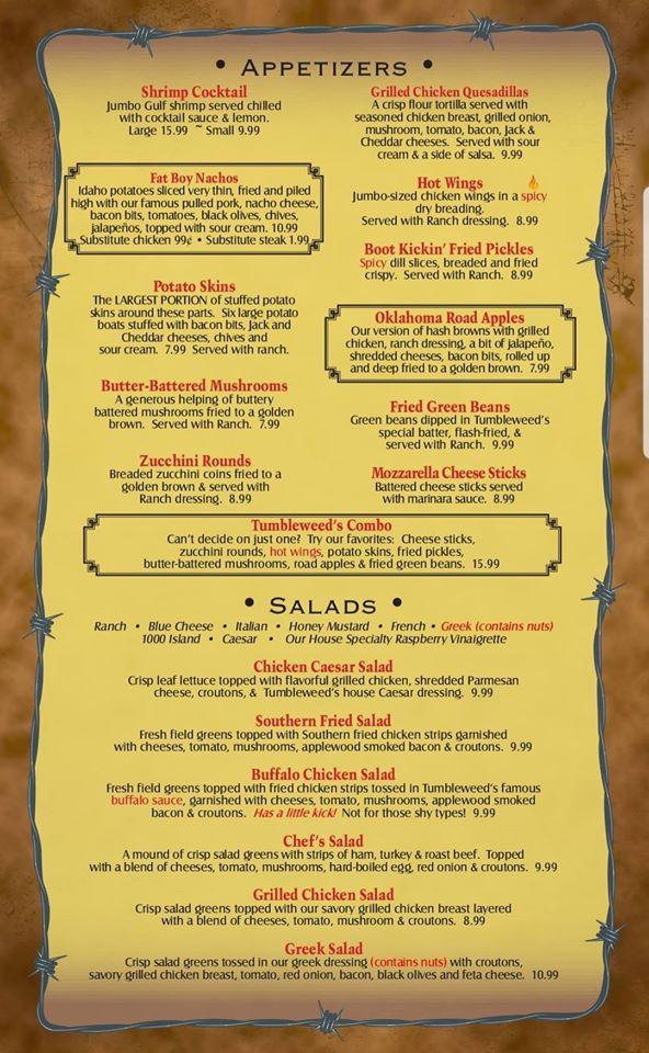 Menu at Tumble Weeds Steak House steakhouse, Bartlesville