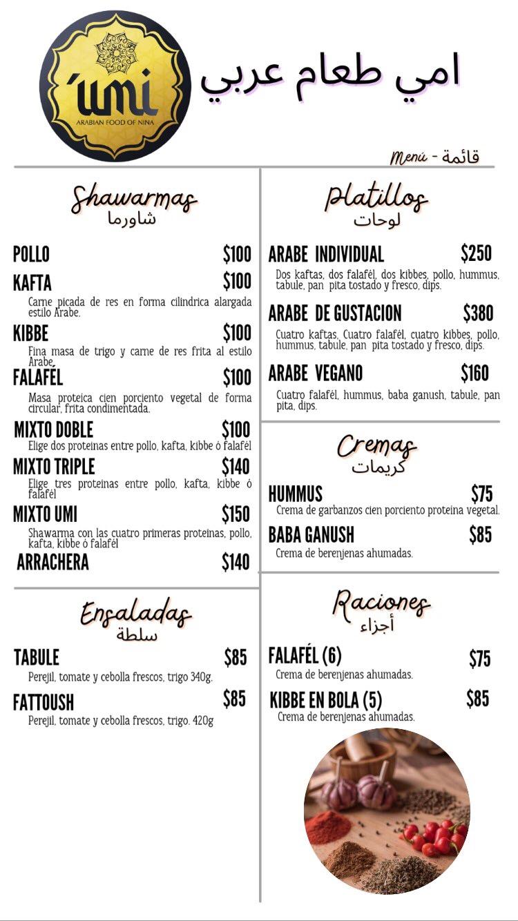 Carta del restaurante Umi Arabian Food of Nina, Monterrey