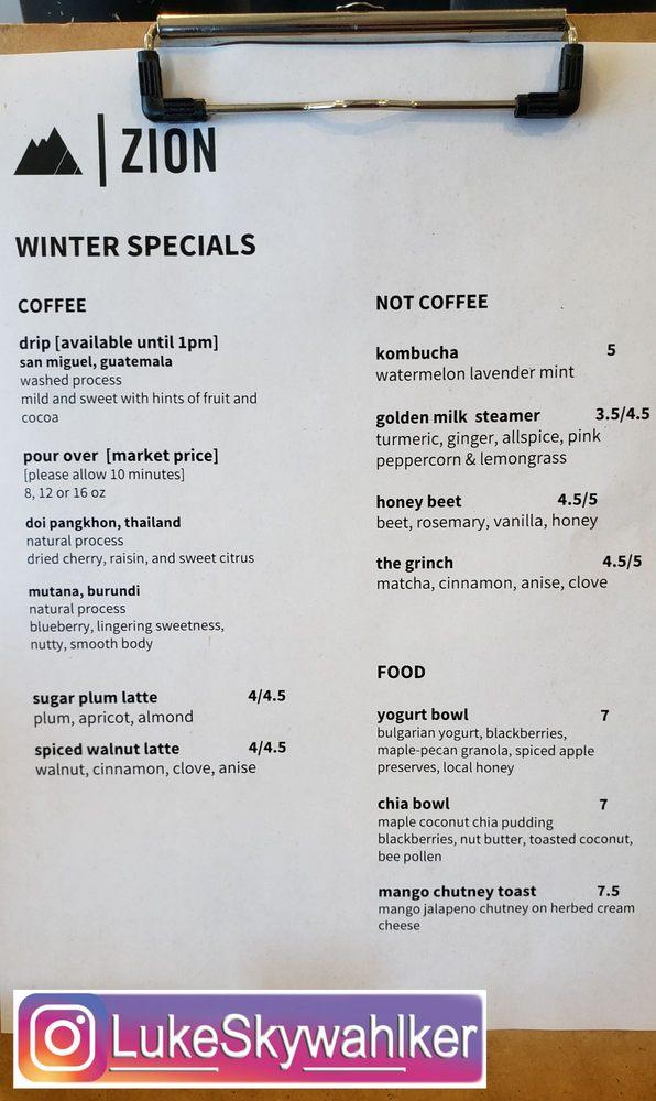 Menu at Zion Coffee Bar, Peoria