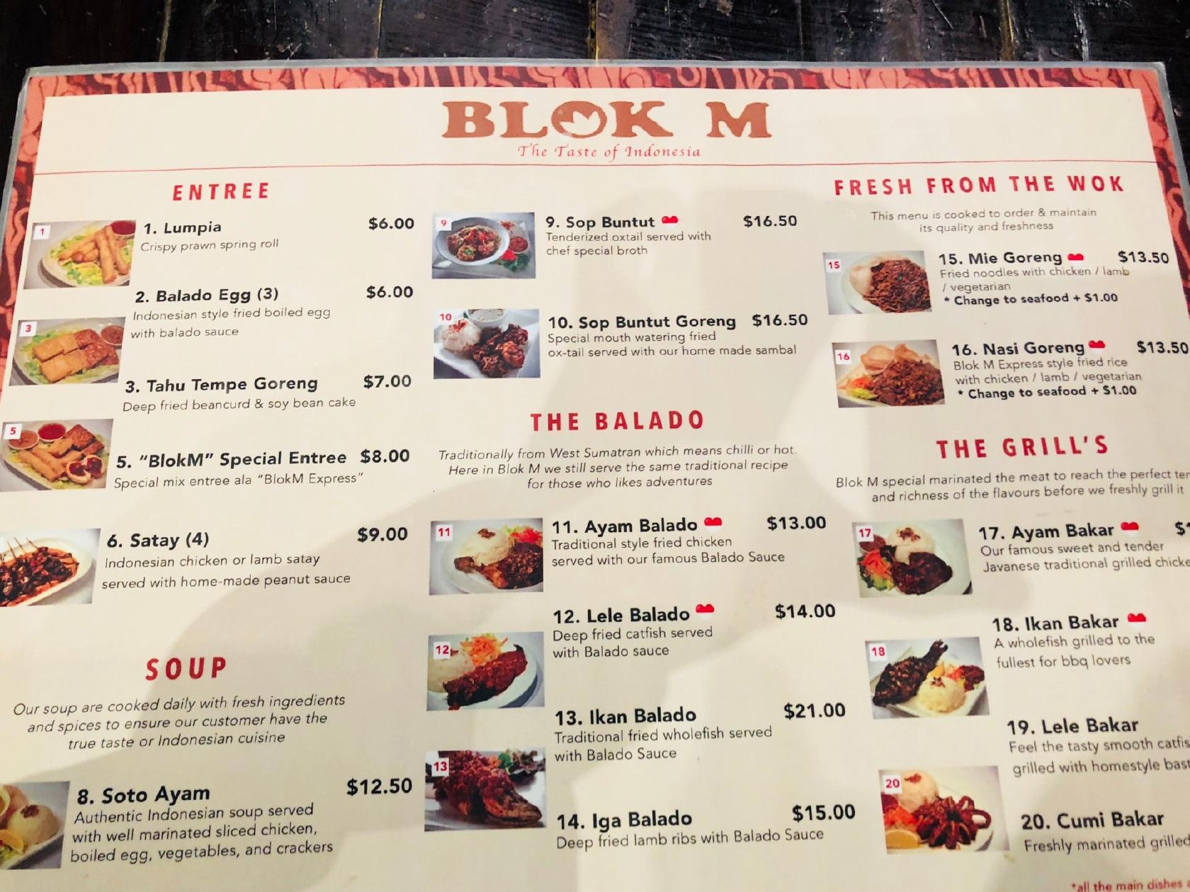 Menu at Blok M Express restaurant, Melbourne, 380 Little Bourke St