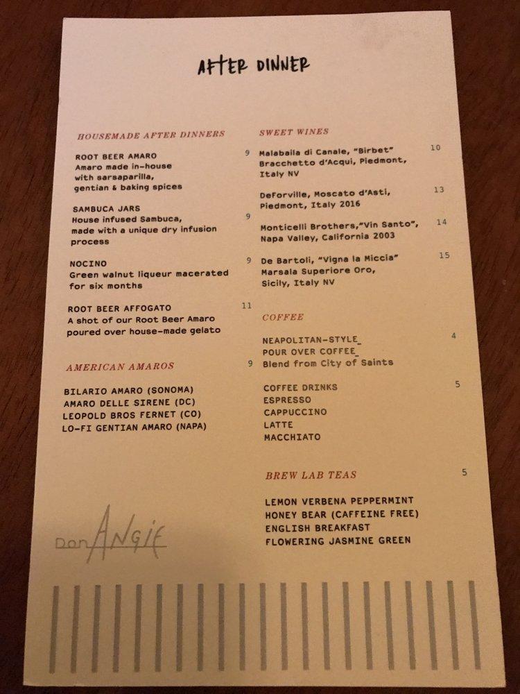 Menu at Don Angie restaurant, New York City