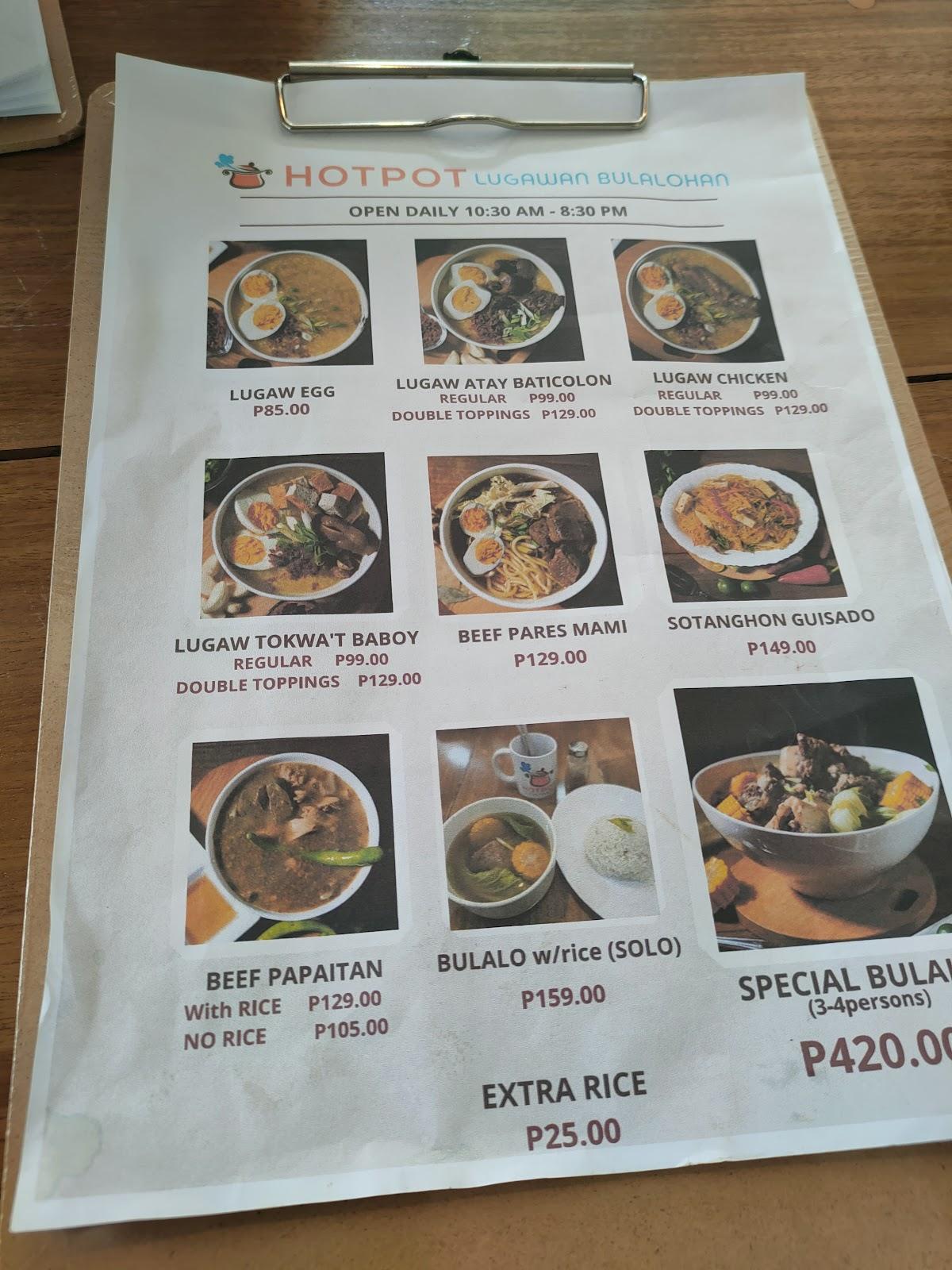 Menu at Hotpot Lugawan Bulalohan restaurant, Valencia City