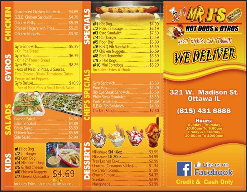 Menu at Mr. J's Hot Dogs & Gyros restaurant, Ottawa
