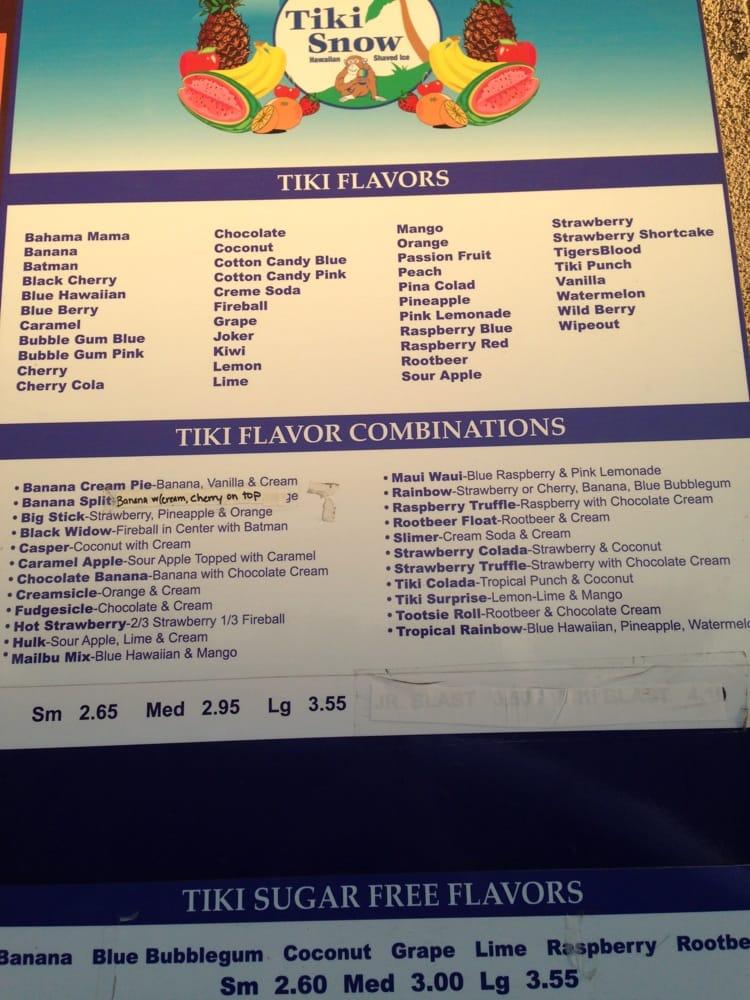 Menu at Tiki Snow restaurant, Visalia