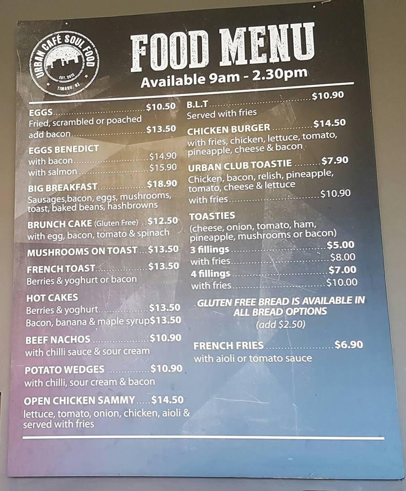 Menu at Urban Cafe, Timaru