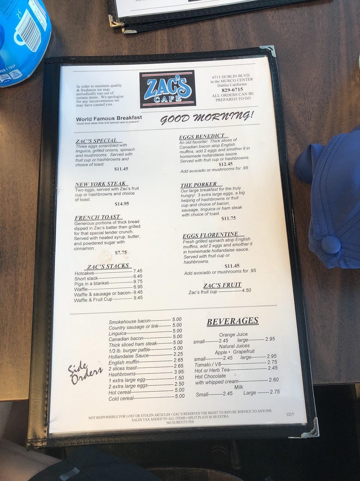 Menu at Zac's Cafe, Dublin