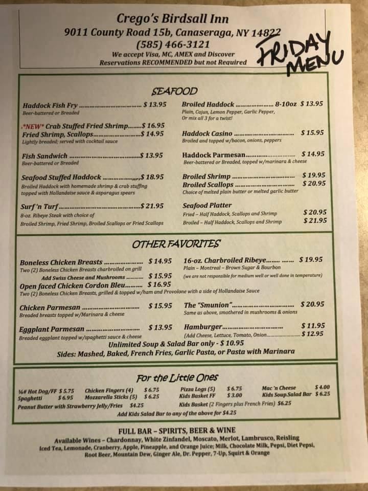 Menu at Birdsall Inn pub & bar, USA