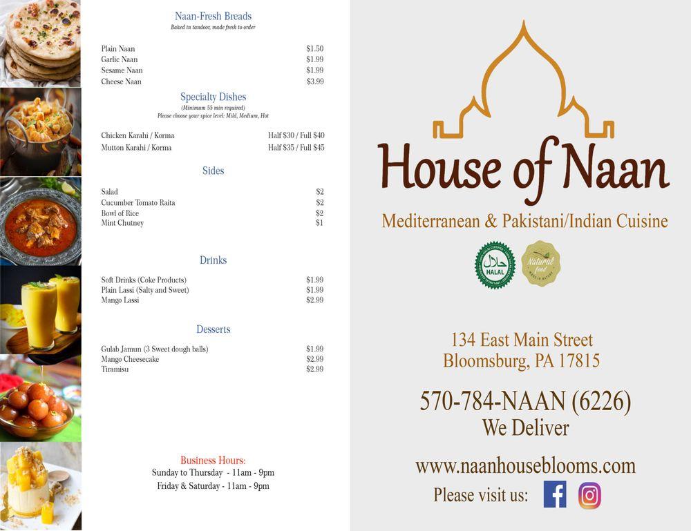 Menu at Bloom's Naan House restaurant, Bloomsburg