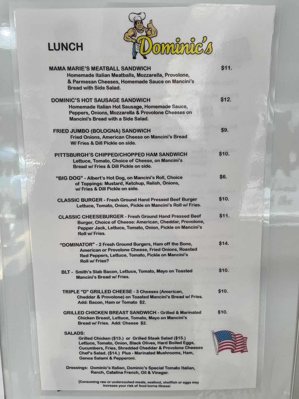 Menu at Dominic’s Diner restaurant, Ross Township