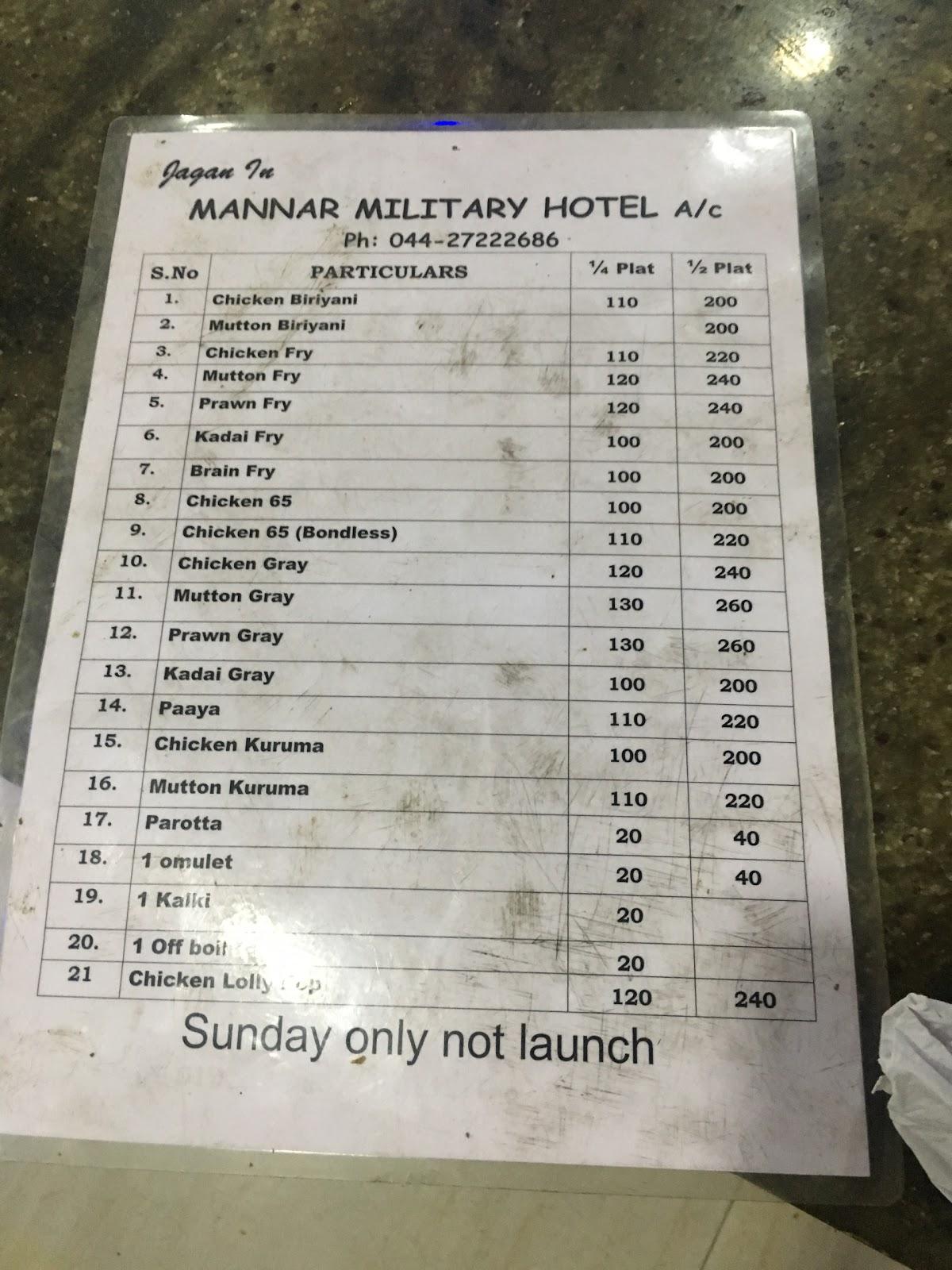 Menu at Mannar Military, Kanchipuram