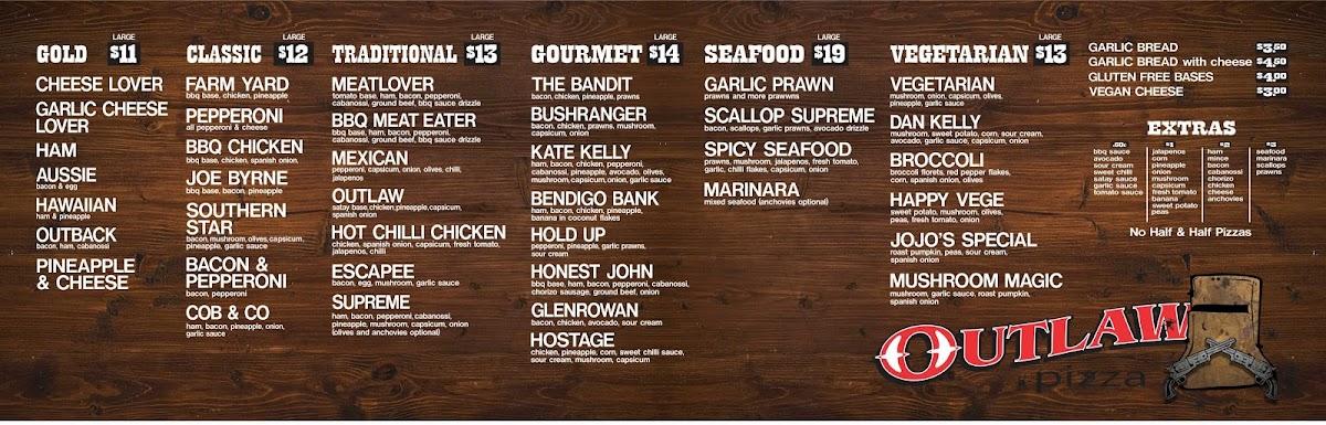 Menu at Outlaw Pizza restaurant, Tweed Heads South