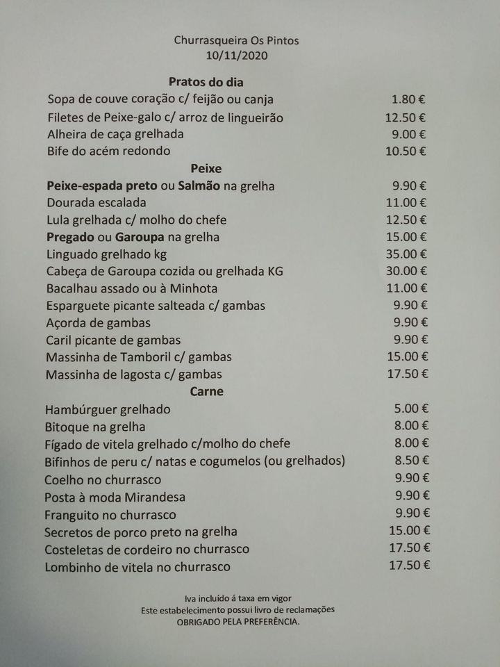 Menu em Os Pintos restaurante, Alverca do Ribatejo