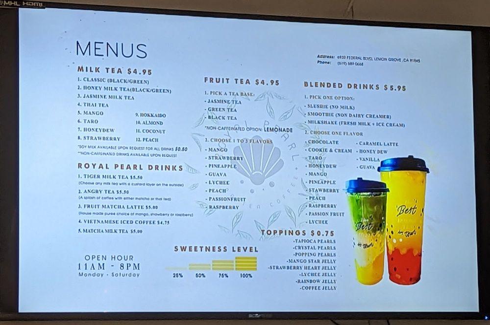 Menu at Royal pearl tea, Lemon Grove