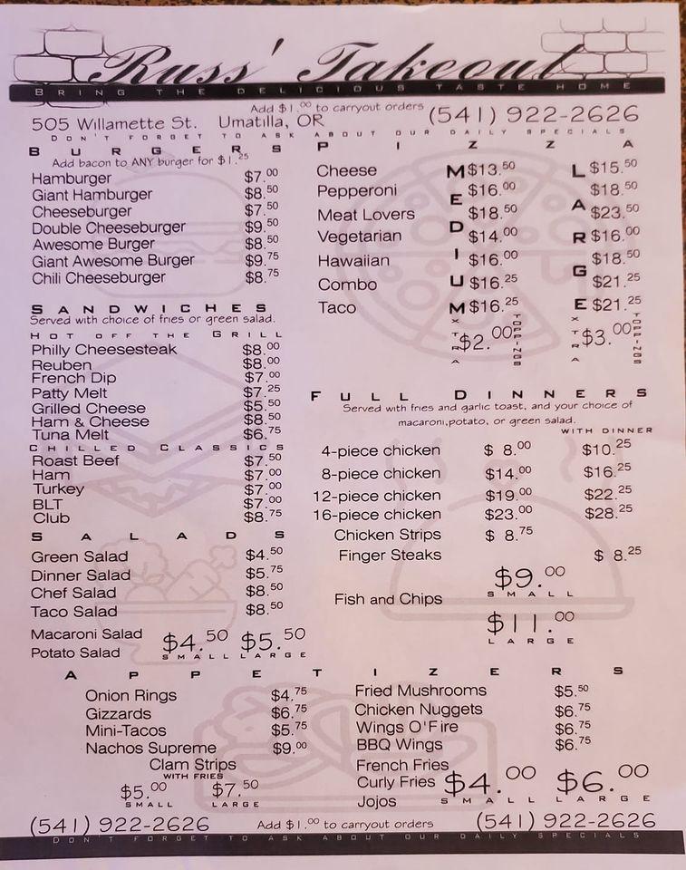 Menu at Russ's Place restaurant, Umatilla