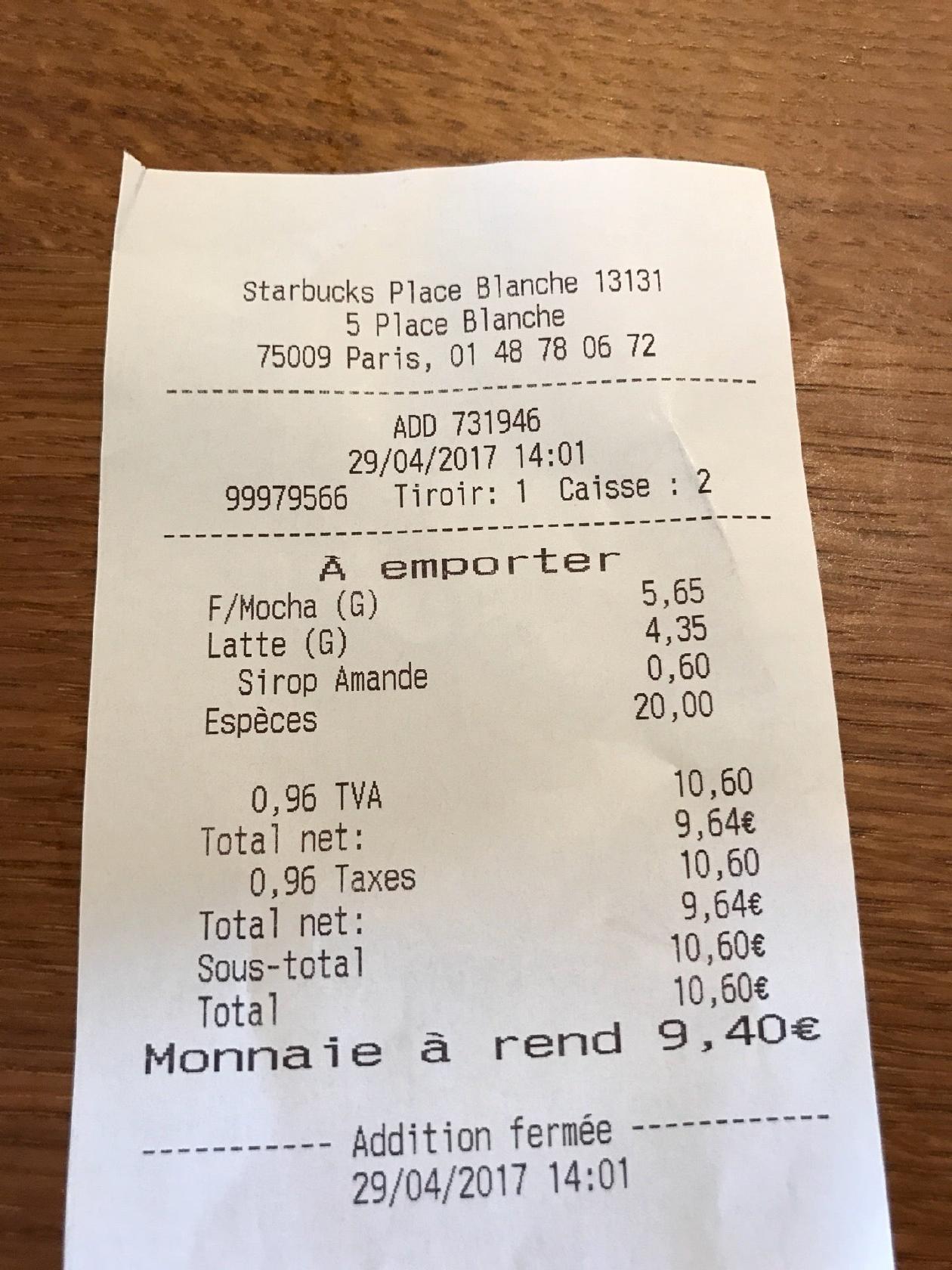 Menu at Starbucks, Paris, Place Blanche