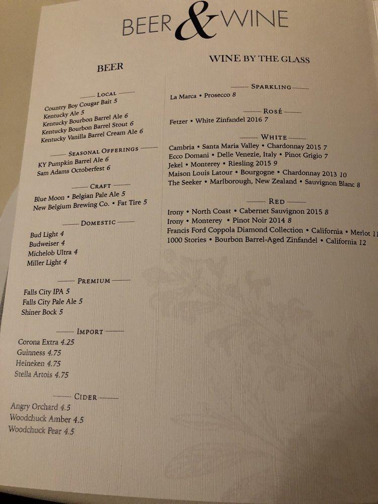 Menu at The Kentucky Castle restaurant, USA