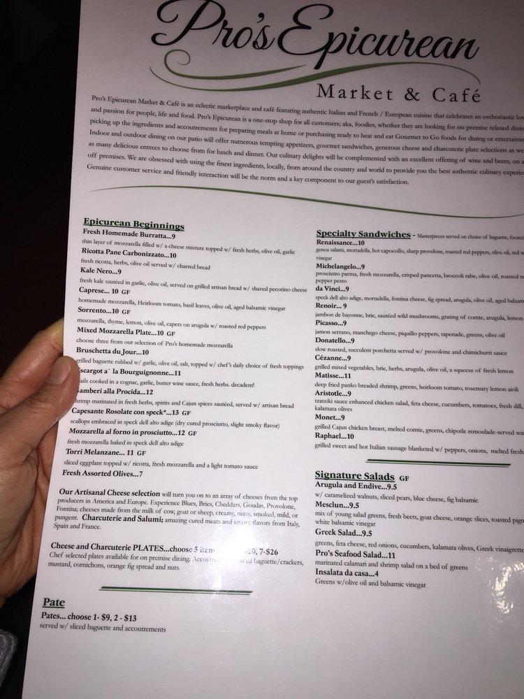 Menu at Pro's Epicurean Market & Café restaurant, Cary